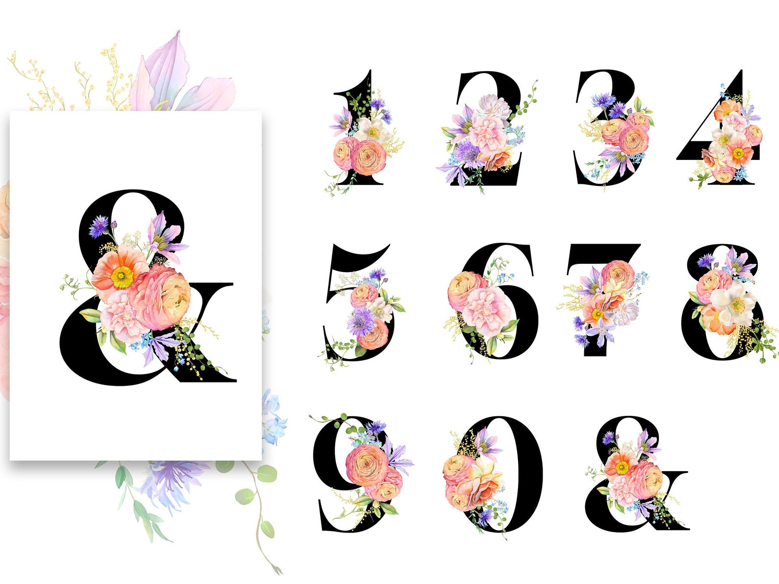 Watercolor Floral Alphabet Clipart: Rose Gold Numbers, Wedding ...
