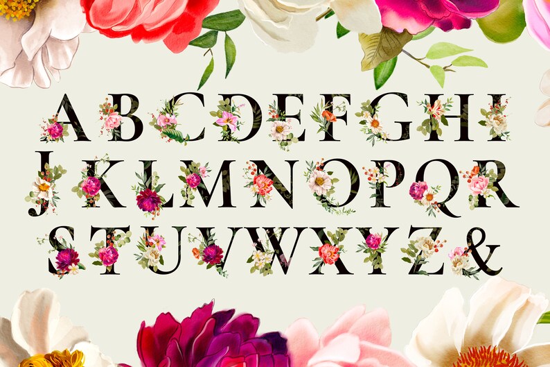 Colorful Wedding Watercolor Floral Alphabet Png Clipart Set Floral ...
