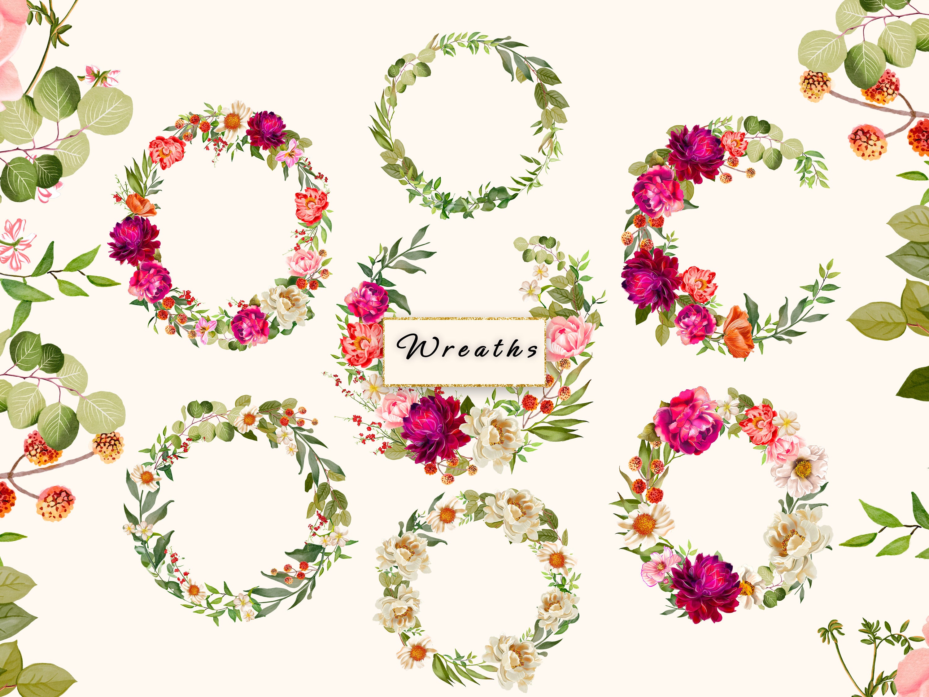 Watercolor Spring Flower Wreath Clipart Botanical Png - Etsy