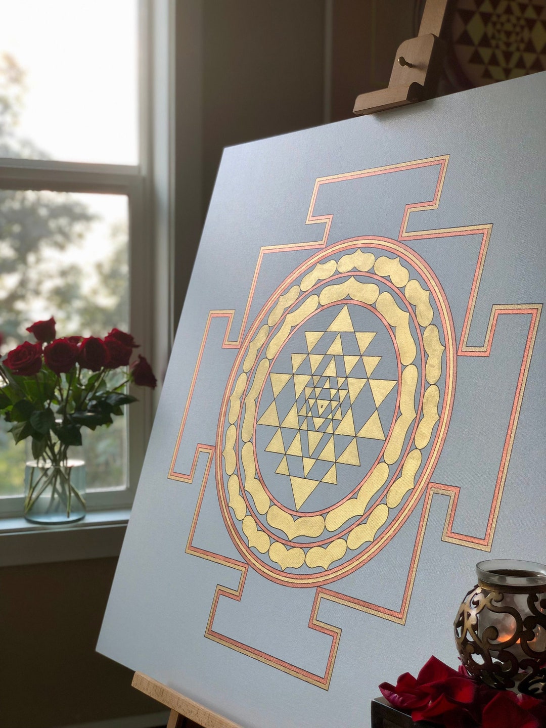 ORIGINAL Hand-painted Large Shri Yantra on Canvas | 18kt Gold and Rose ...