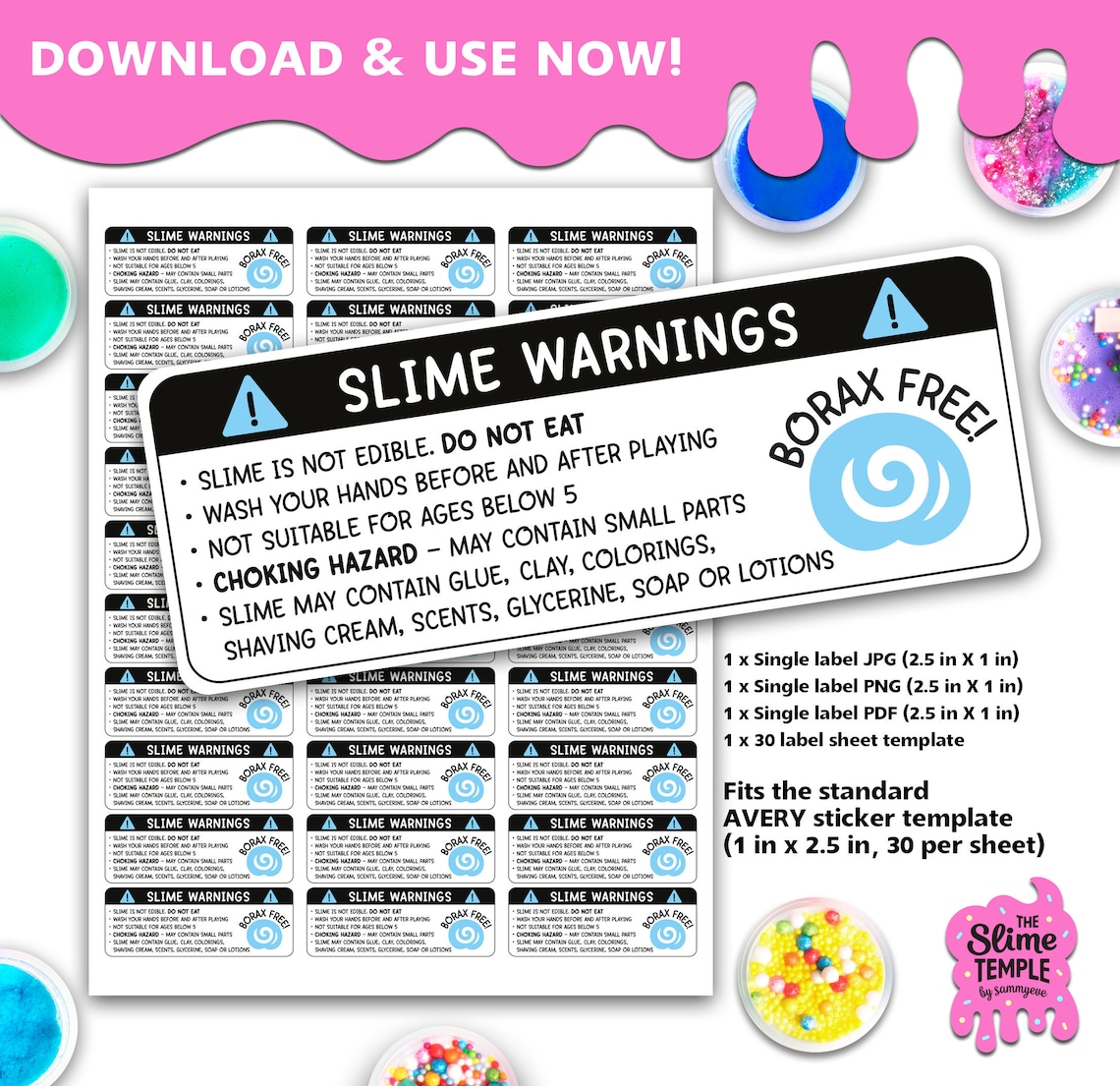 Slime Warning Label BORAX FREE Template / AVERY Label Template / Slime ...
