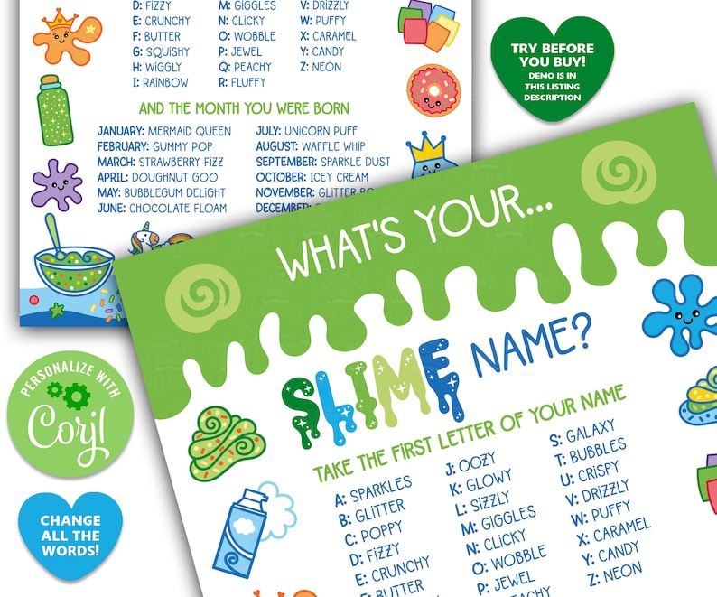 EDITABLE ‘what’s Your Slime Name’ Poster / Birthday Party Game / Slime ...