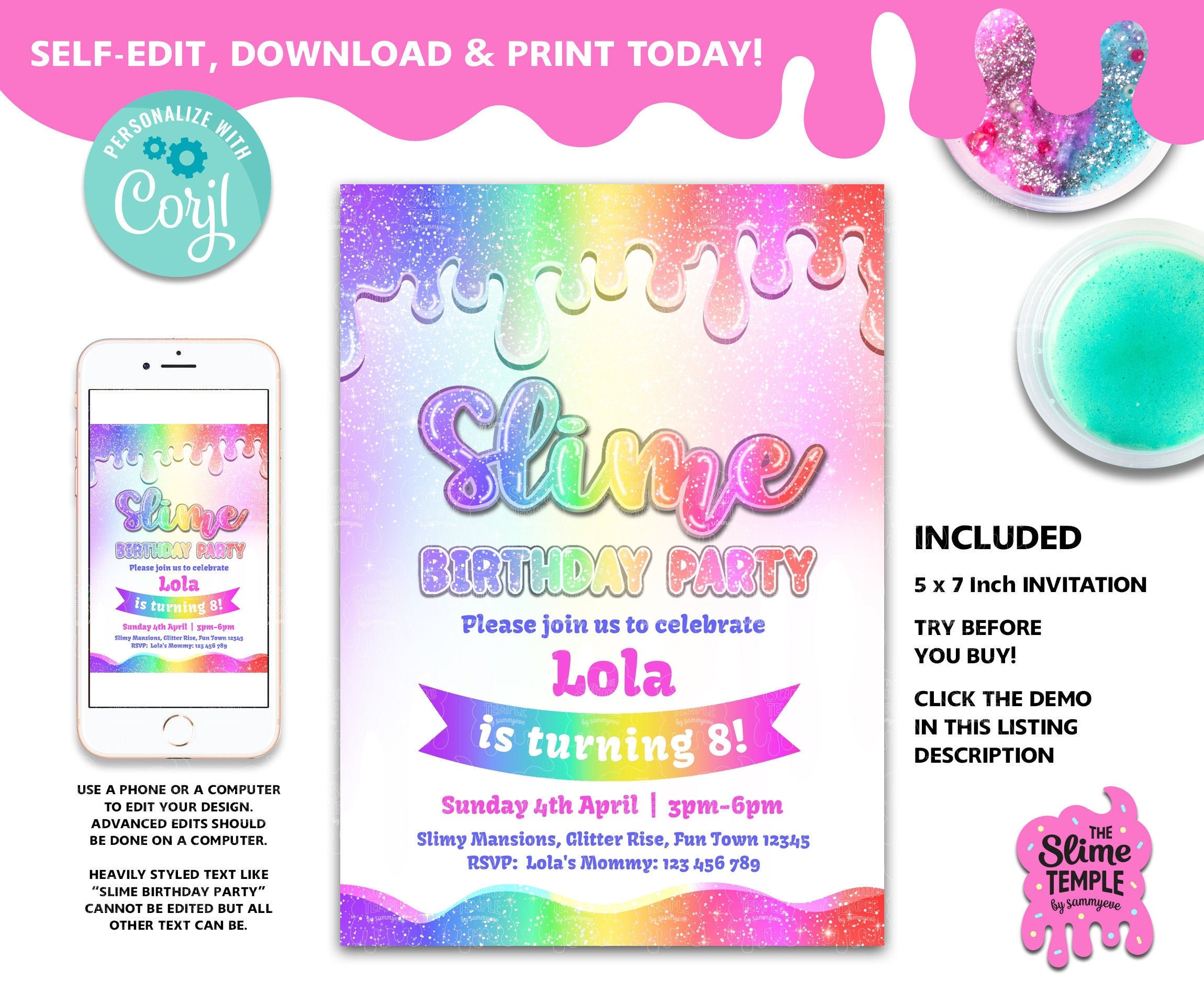 Editable Slime Birthday Party Invite / Self-edit Slime - Etsy