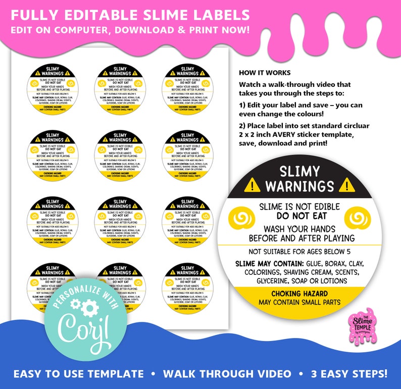 EDITABLE Slime Warning Circular Labels / Avery Standard Size Template ...