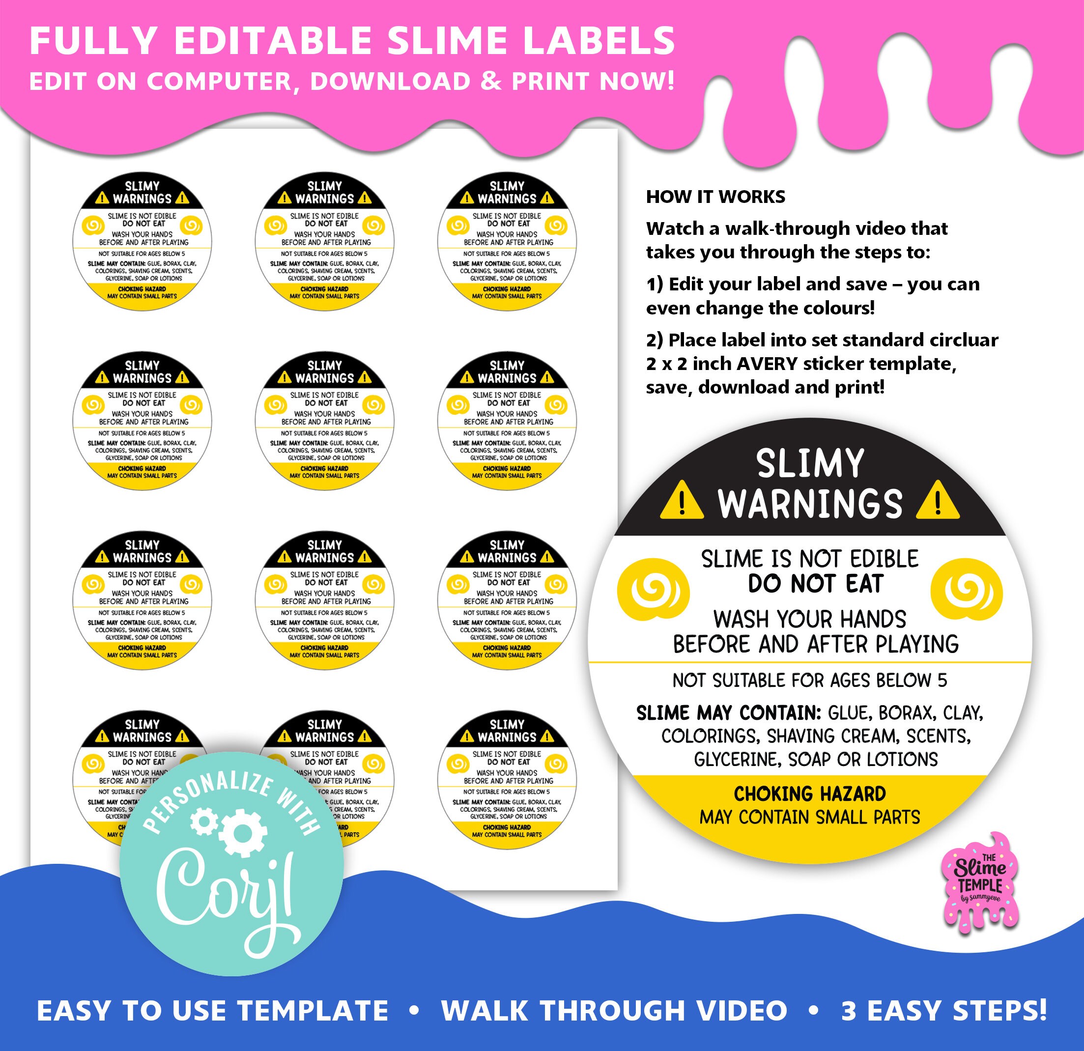 EDITABLE Slime Warning Circular Labels / Avery Standard Size Template ...