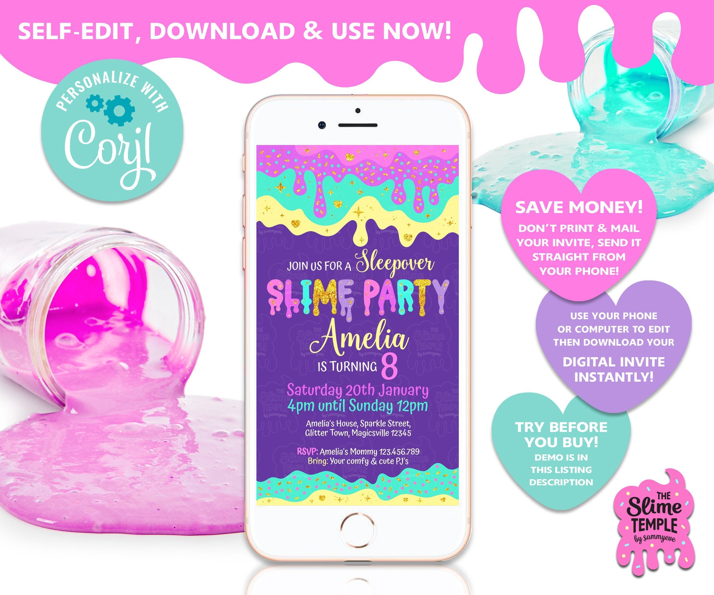 EDITABLE Sleepover Slime Party Invite / Slime Invitation / Sleepover ...