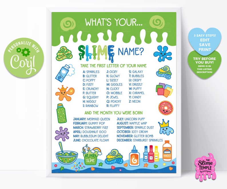 EDITABLE ‘what’s Your Slime Name’ Poster / Birthday Party Game / Slime ...