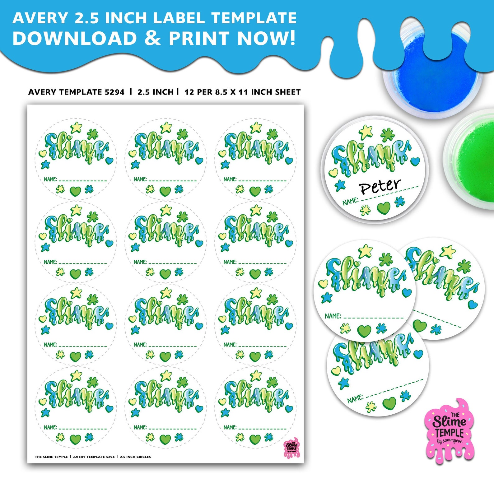 Slime Party Labels / AVERY Label Template 2.5inch / Slime Stickers ...