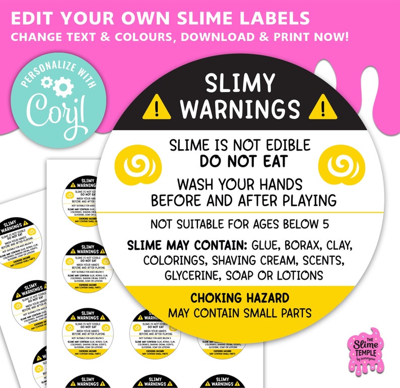 EDITABLE Slime Warning Circular Labels / Avery Standard Size Template ...