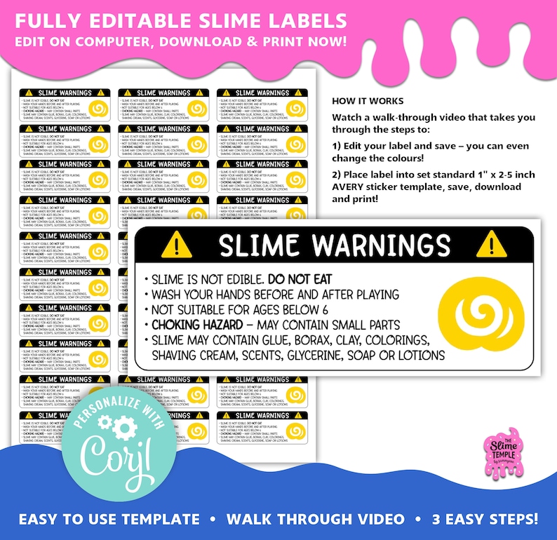 EDITABLE Slime Warning Standard Labels / Avery Standard Size - Etsy ...