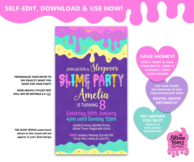 EDITABLE Sleepover Slime Party Invite / Slime Invitation / Sleepover ...