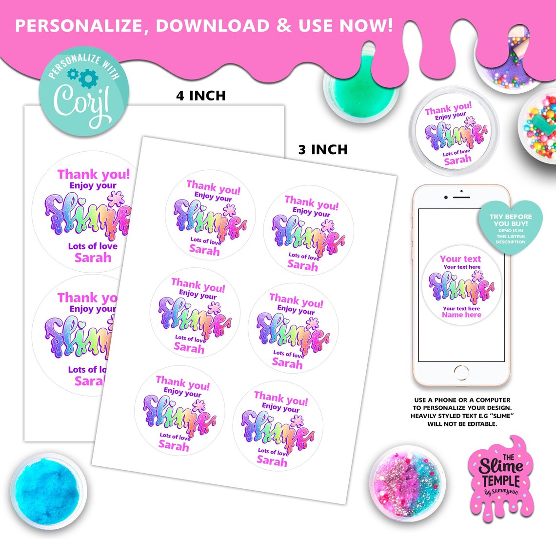 EDITABLE Slime Labels, 2,3 & 4 Inch, Slime Label, Slime Sticker, Favour ...