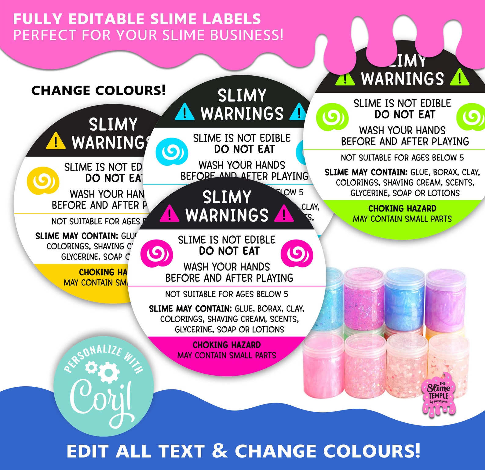 EDITABLE Slime Warning Circular Labels / Avery Standard Size Template ...