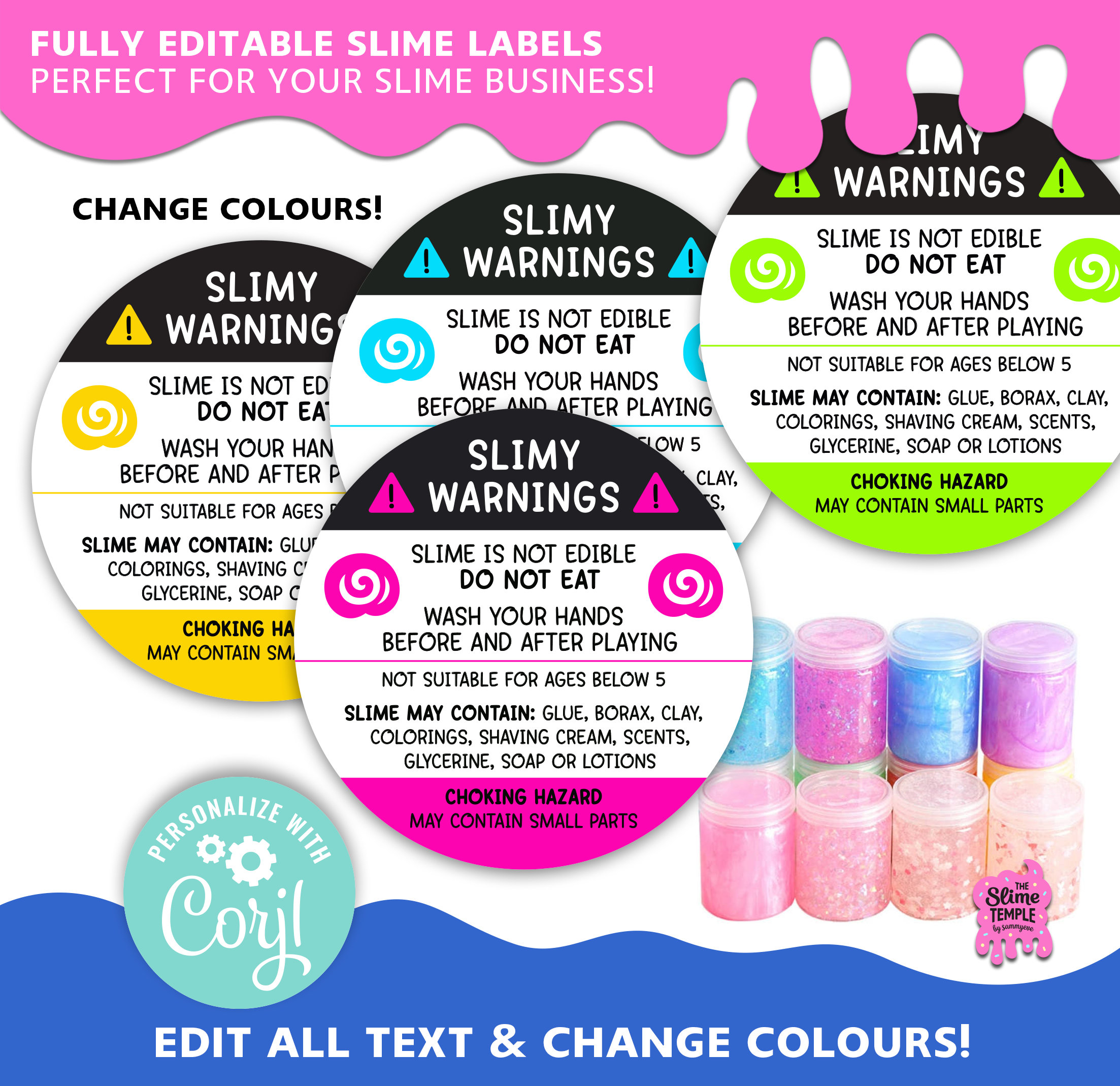 EDITABLE Slime Warning Circular Labels / Avery Standard Size Template ...