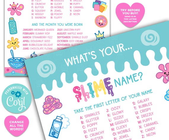 EDITABLE whats Your Slime Name Poster / Birthday Party Game - Etsy