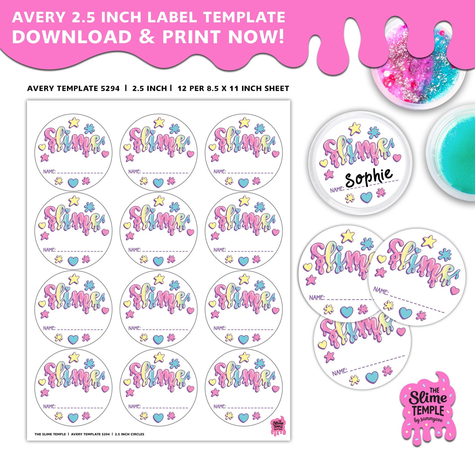 Slime Party Labels / AVERY Label Template 2.5inch / Slime Stickers ...