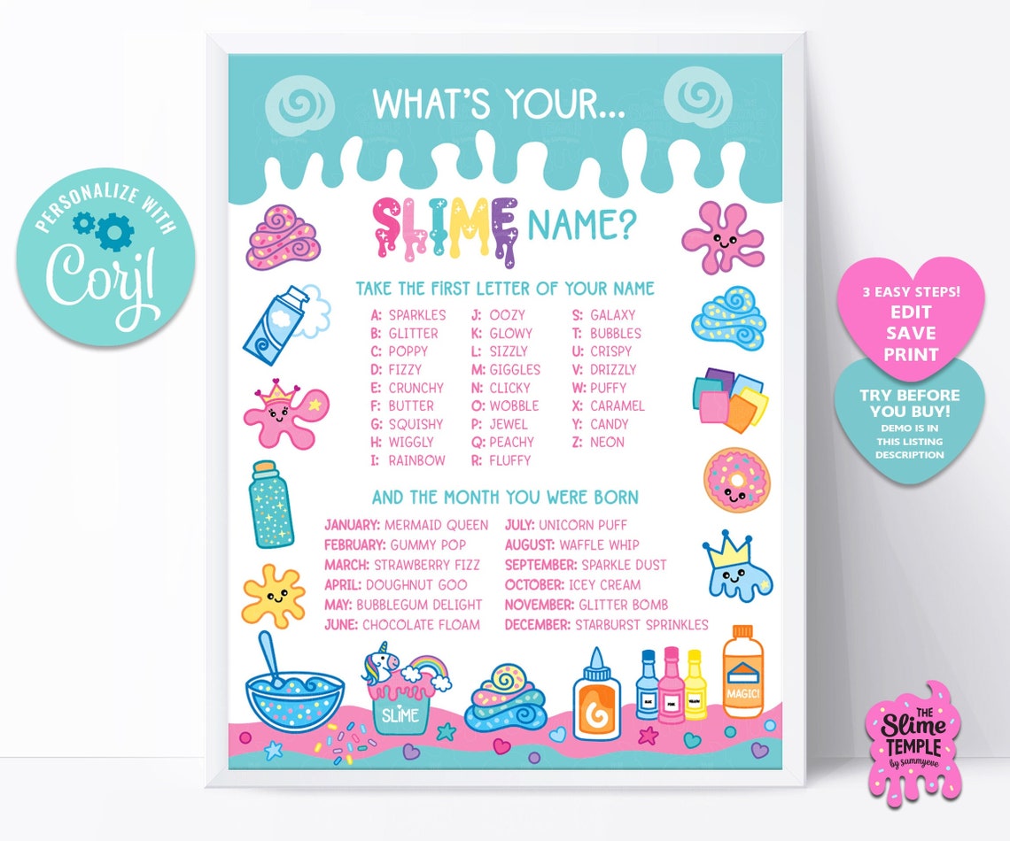 EDITABLE ‘what’s Your Slime Name’ Poster / Birthday Party Game / Slime ...
