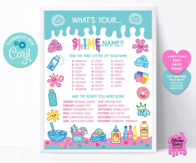 EDITABLE ‘what’s Your Slime Name’ Poster / Birthday Party Game / Slime ...