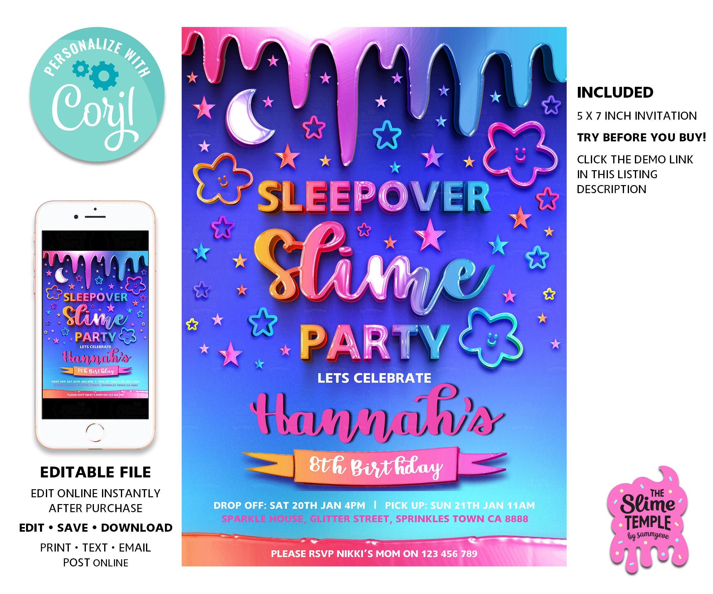 EDITABLE Slime Sleepover Party Invite / Slime Birthday Party / Slumber ...
