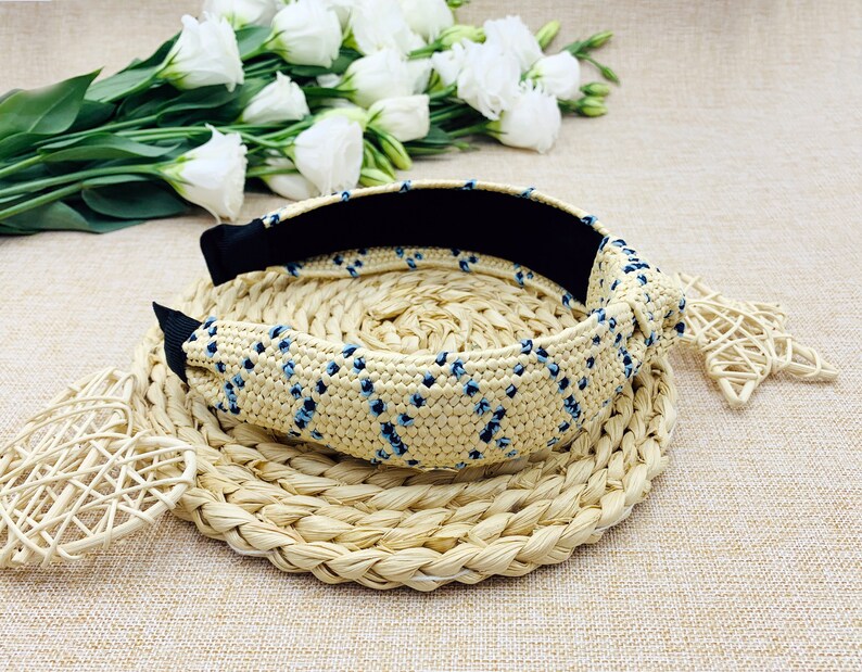Cream and Blue Mixed Straw Weaving Knotted Headbandheadbands - Etsy