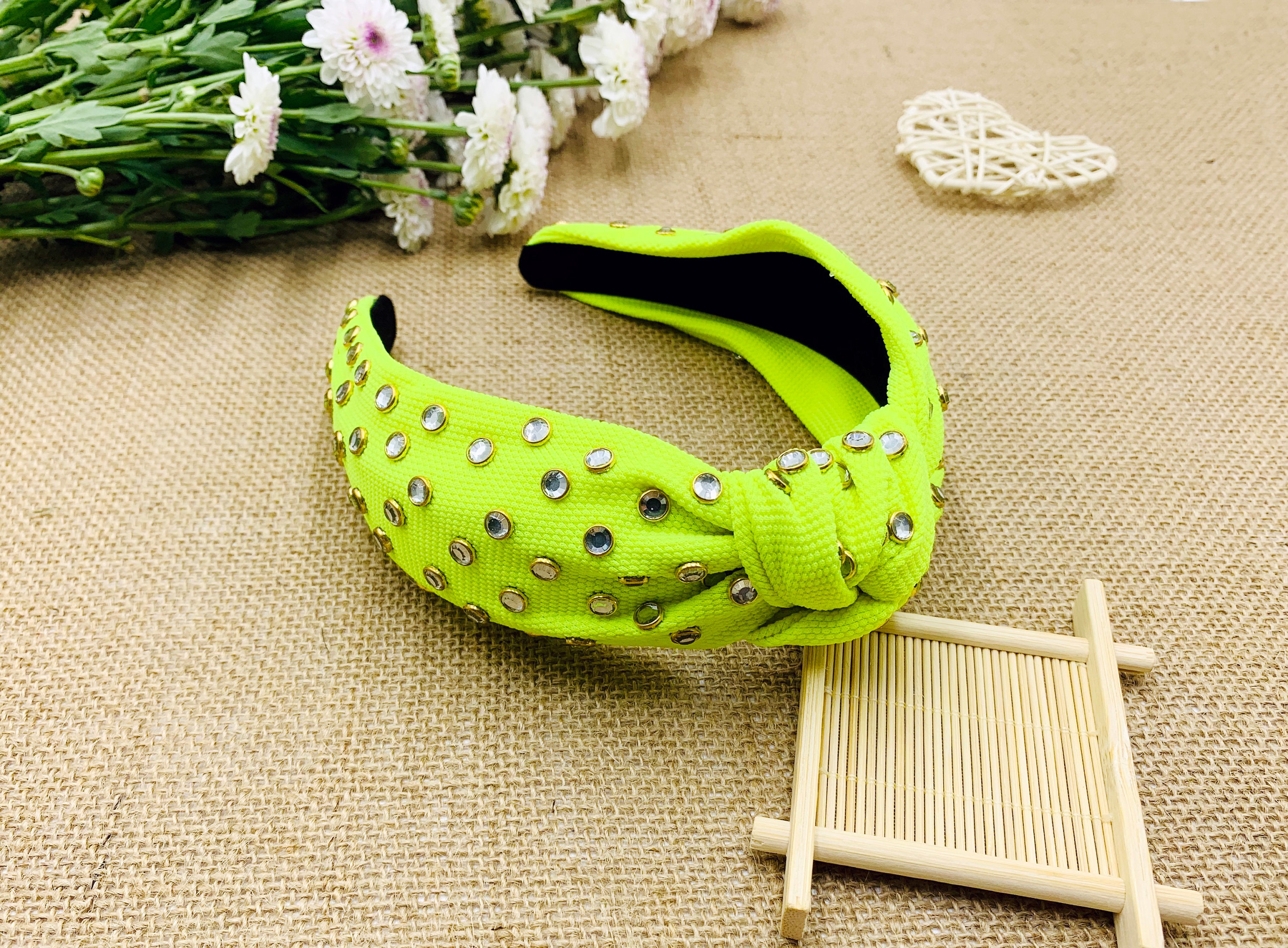 Neon Green Satin Knotted Headband With Rhinestonesturban - Etsy