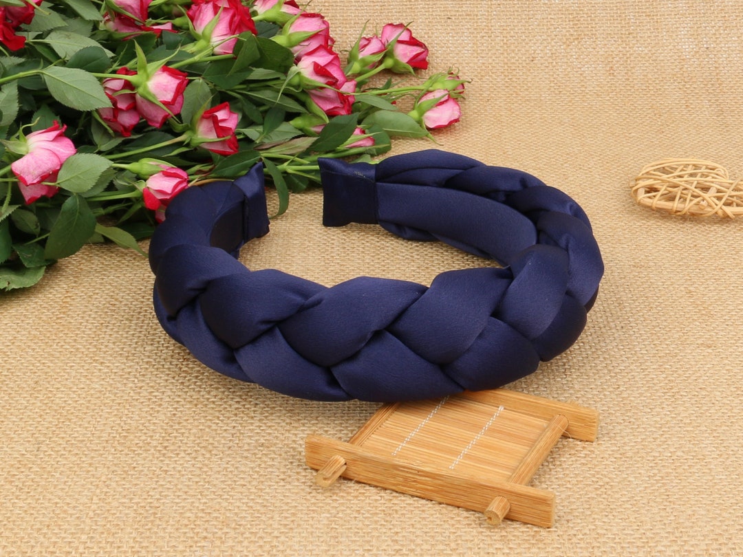 Navy Blue Satin Padded Braided Headband,wide Braided Headband,boho ...