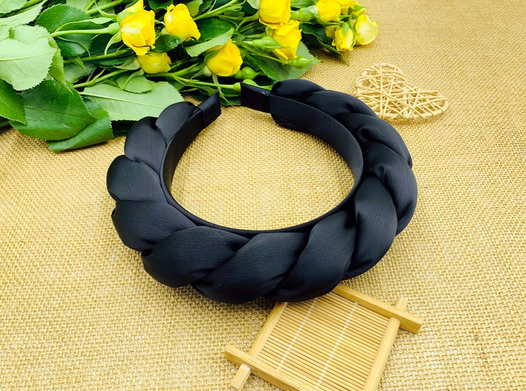 Black Silky Satin Padded Braided Headband,braided Satin Flock Deep ...