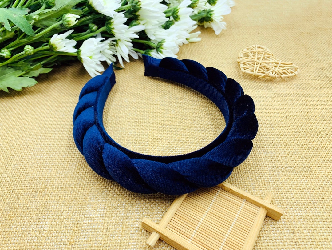 Navy Blue Velvet Padded Braided Headband,braided Velvet Flock Deep ...
