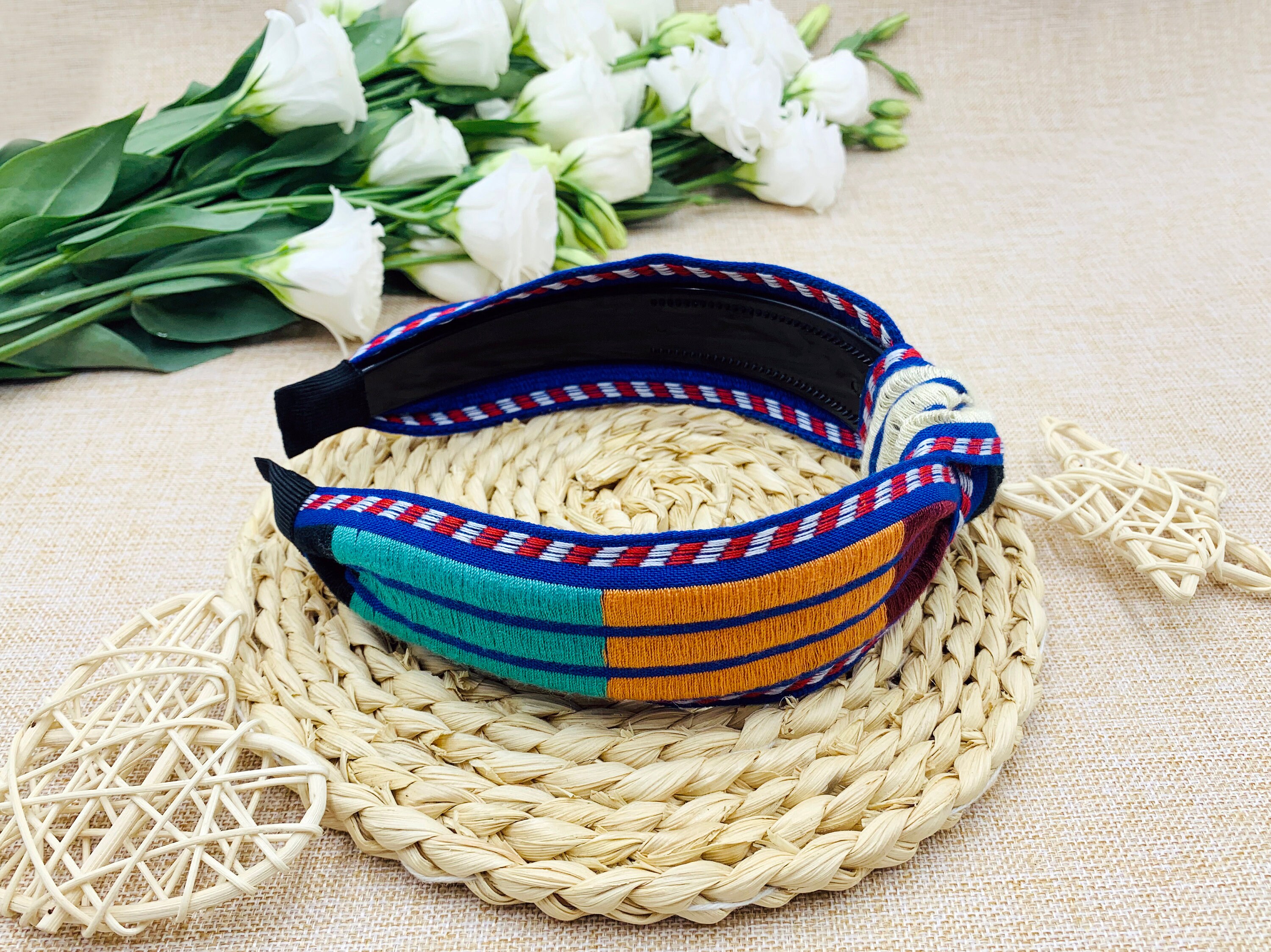 Blue Embroidery Ribbon Knotted Headband,ribbon Headband,original Boho ...