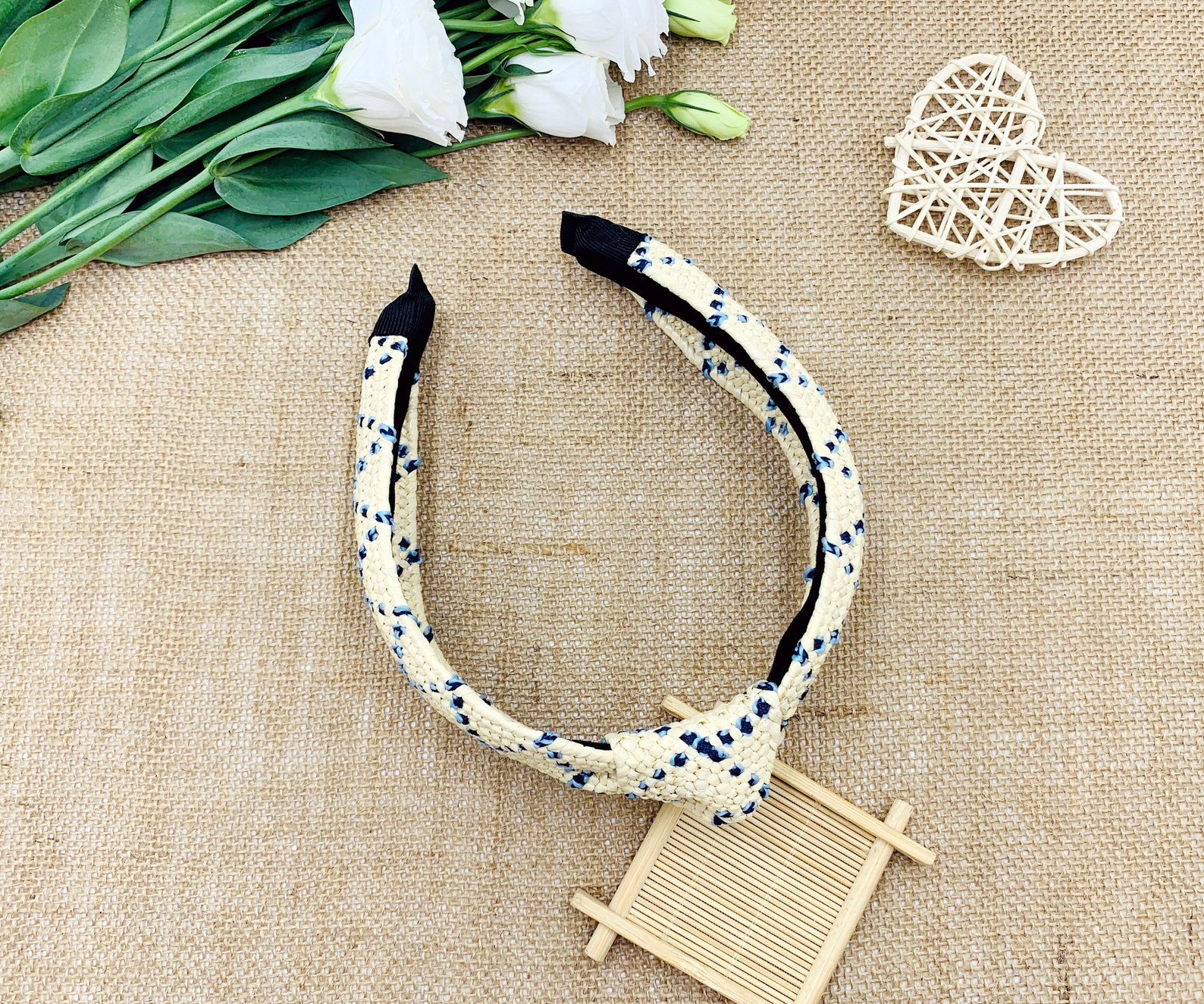 Cream and Blue Mixed Straw Weaving Knotted Headbandheadbands - Etsy