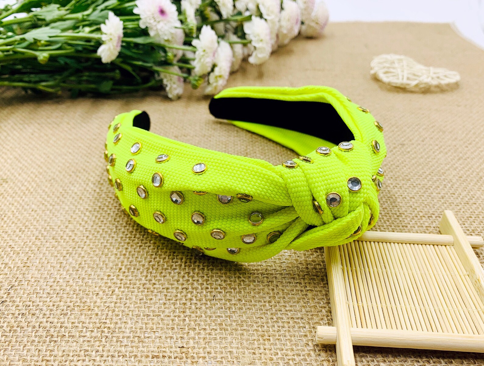 Neon Green Satin Knotted Headband With Rhinestonesturban - Etsy