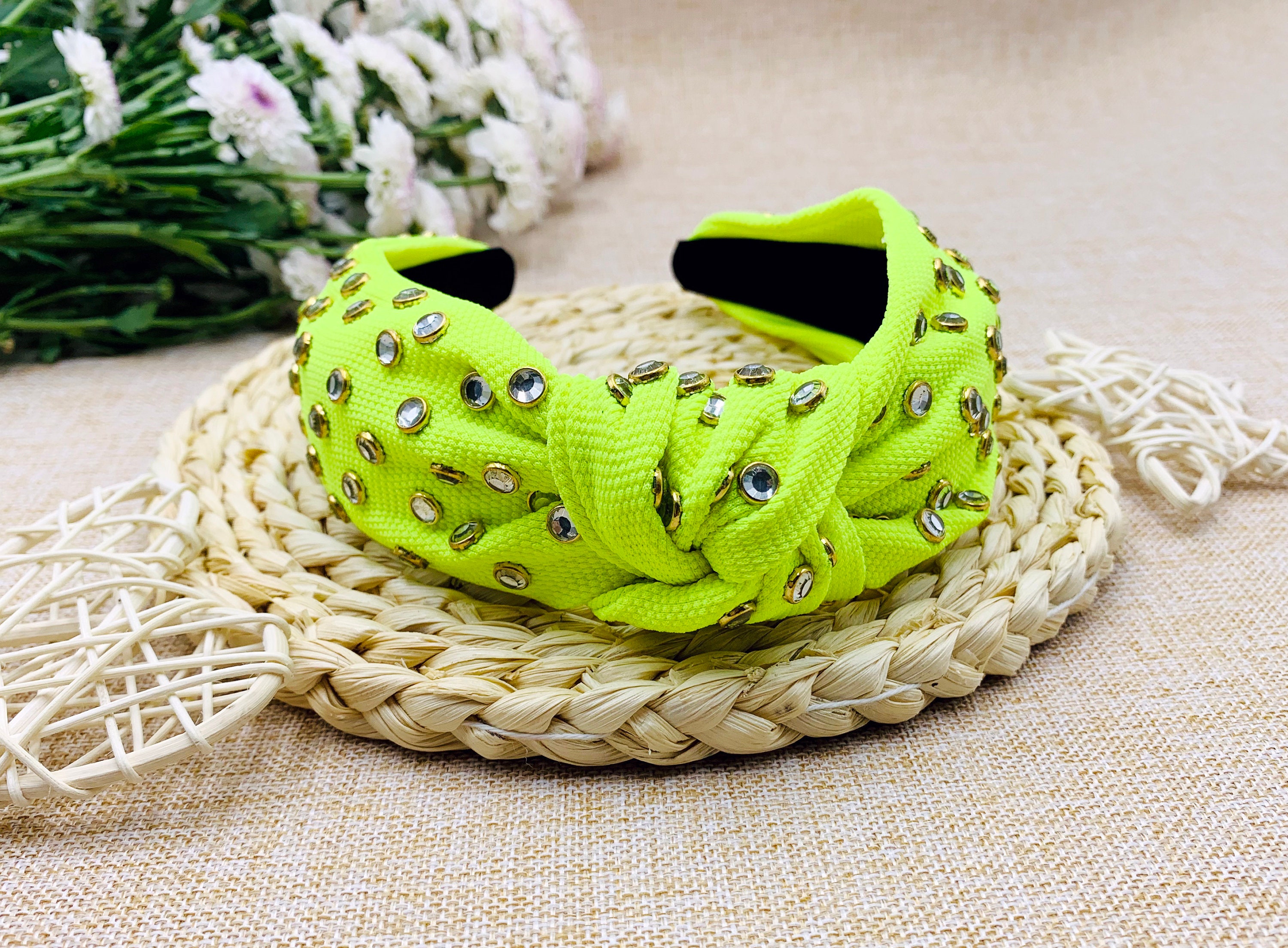 Neon Green Satin Knotted Headband With Rhinestonesturban - Etsy