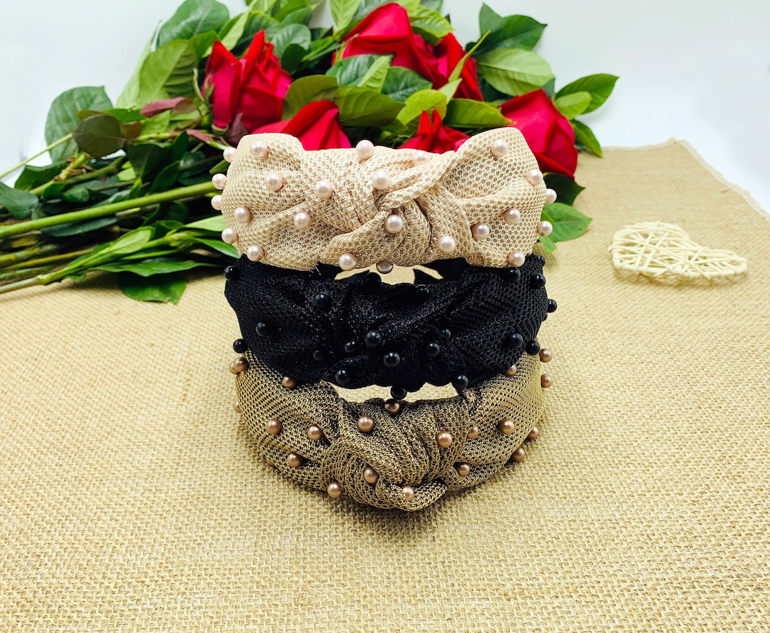 Mesh Fabric Knotted Headband With Pearls,bead Headband,boho Headband ...