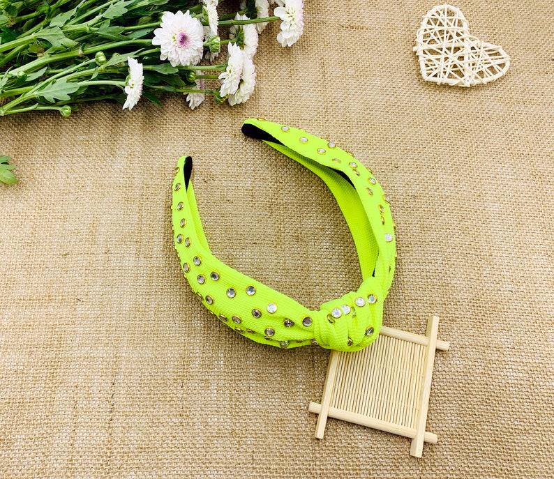 Neon Green Satin Knotted Headband With Rhinestonesturban - Etsy