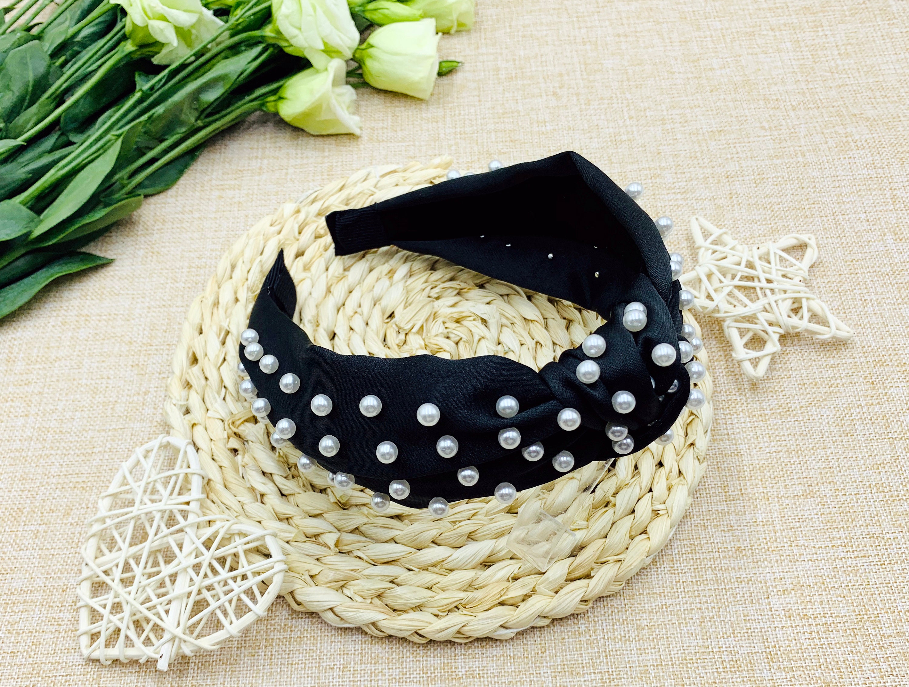 Black satin knotted headband with pearls Bead HeadbandBoho | Etsy