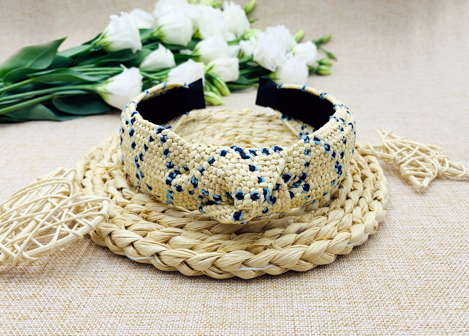 Cream and Blue Mixed Straw Weaving Knotted Headbandheadbands - Etsy