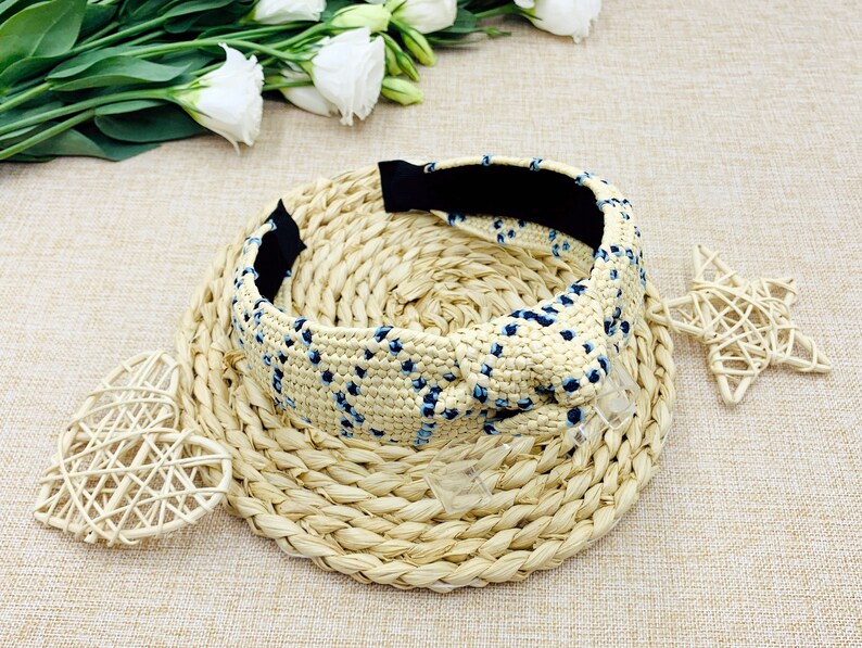 Cream and Blue Mixed Straw Weaving Knotted Headbandheadbands - Etsy