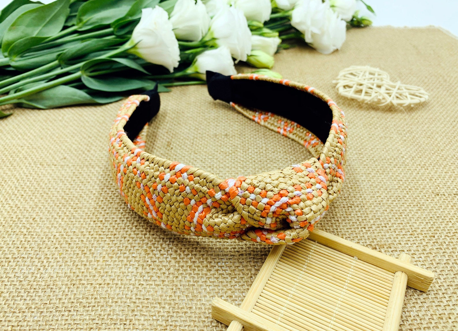 Beige and Orange mixed straw weaving Knotted | Etsy