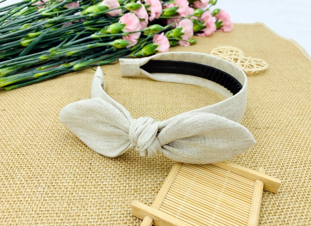Original Linen Wired Bow Knot Headband,gray Linen Knotted Headband ...