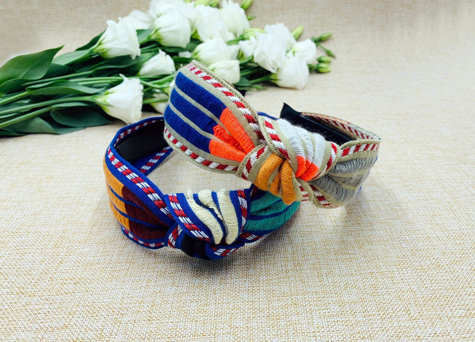 Blue Embroidery Ribbon Knotted Headband,ribbon Headband,original Boho ...