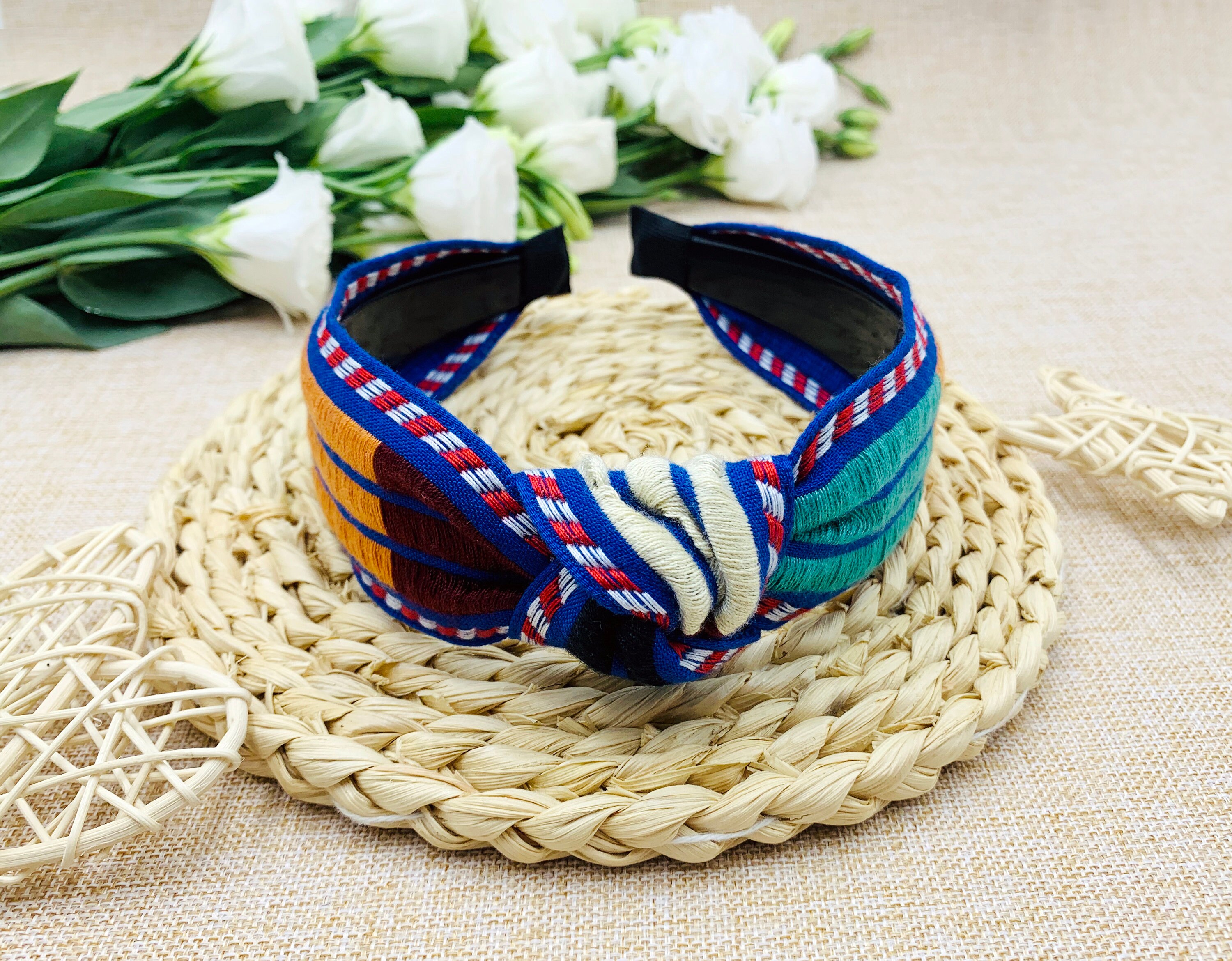 Blue Embroidery Ribbon Knotted Headband,ribbon Headband,original Boho ...