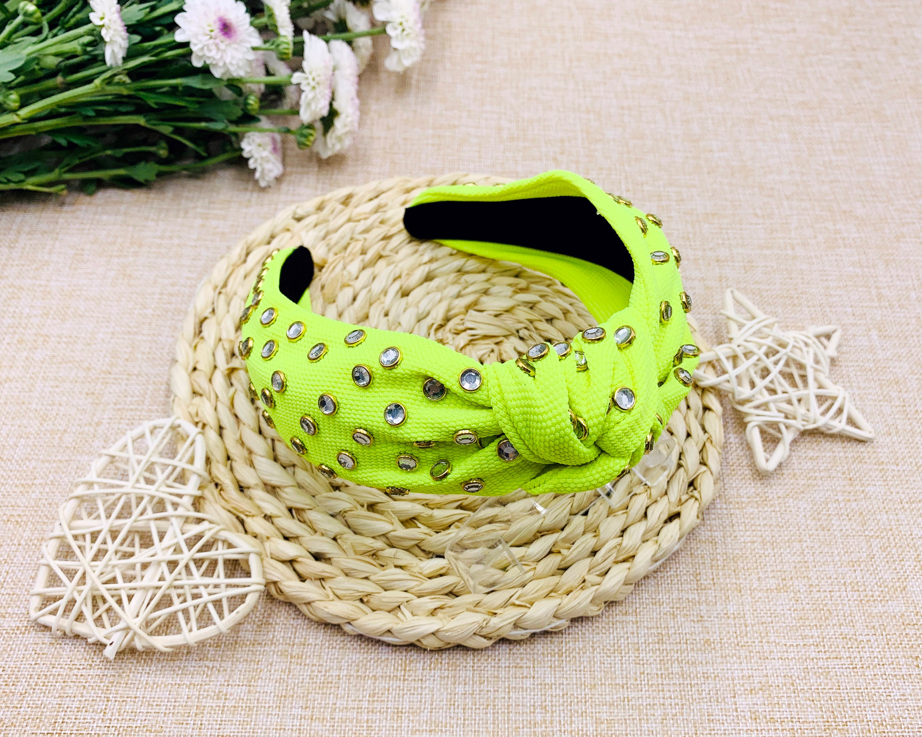 Neon Green Satin Knotted Headband With Rhinestonesturban - Etsy