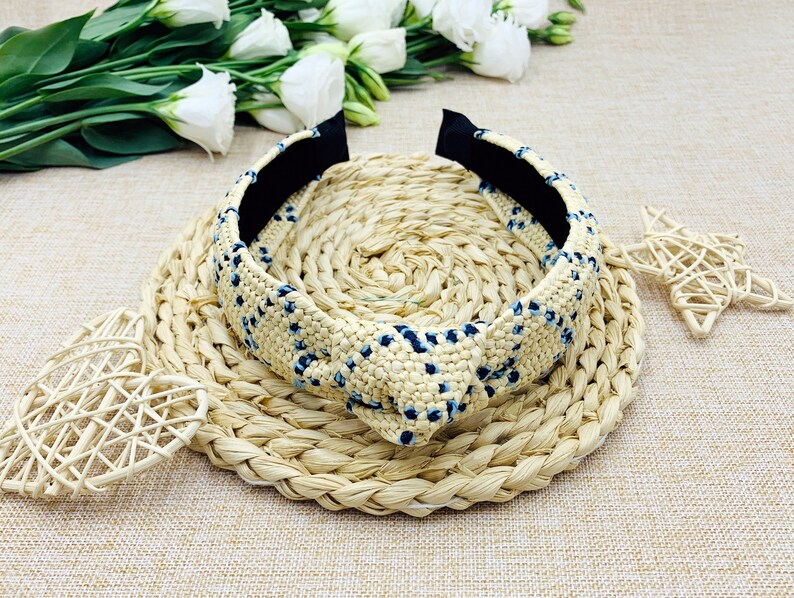 Cream and Blue Mixed Straw Weaving Knotted Headbandheadbands - Etsy