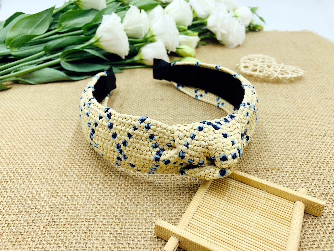 Cream And Blue Mixed Straw Weaving Knotted Headband Headbands For Women