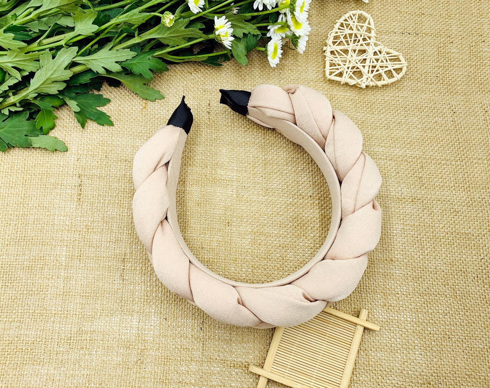 Beige Satin Padded Braided Headband,braided Satin Flock Deep Padded ...
