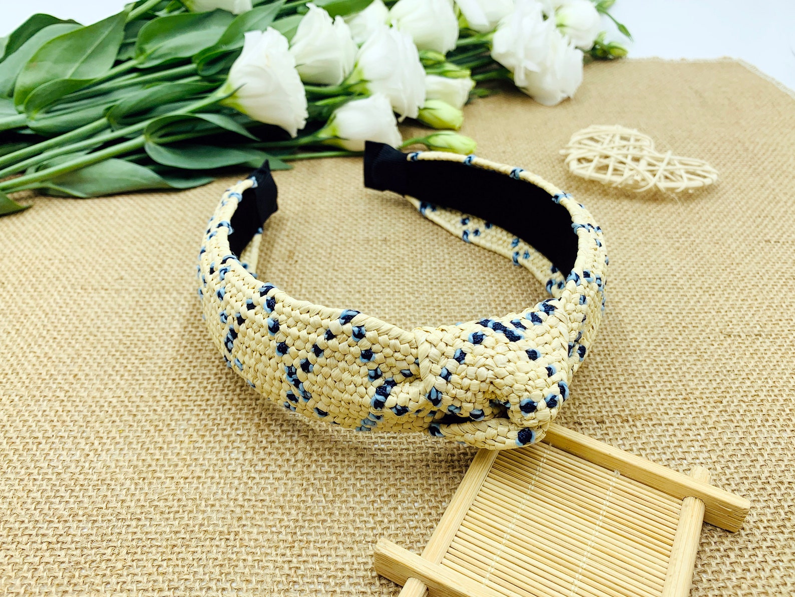Cream and Blue Mixed Straw Weaving Knotted Headbandheadbands - Etsy