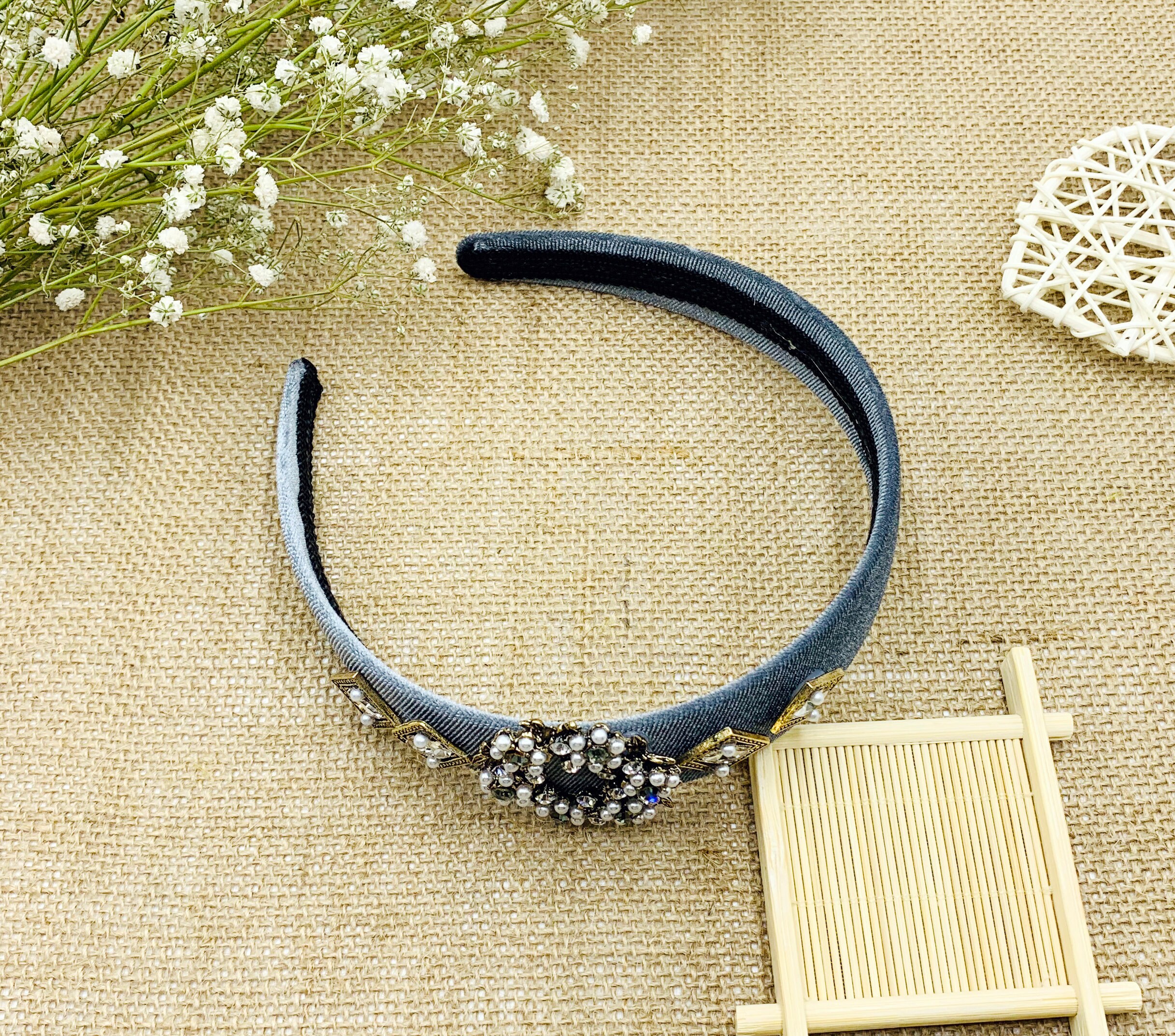 Gray velvet headband with luxury rhinestonesrhinestones | Etsy