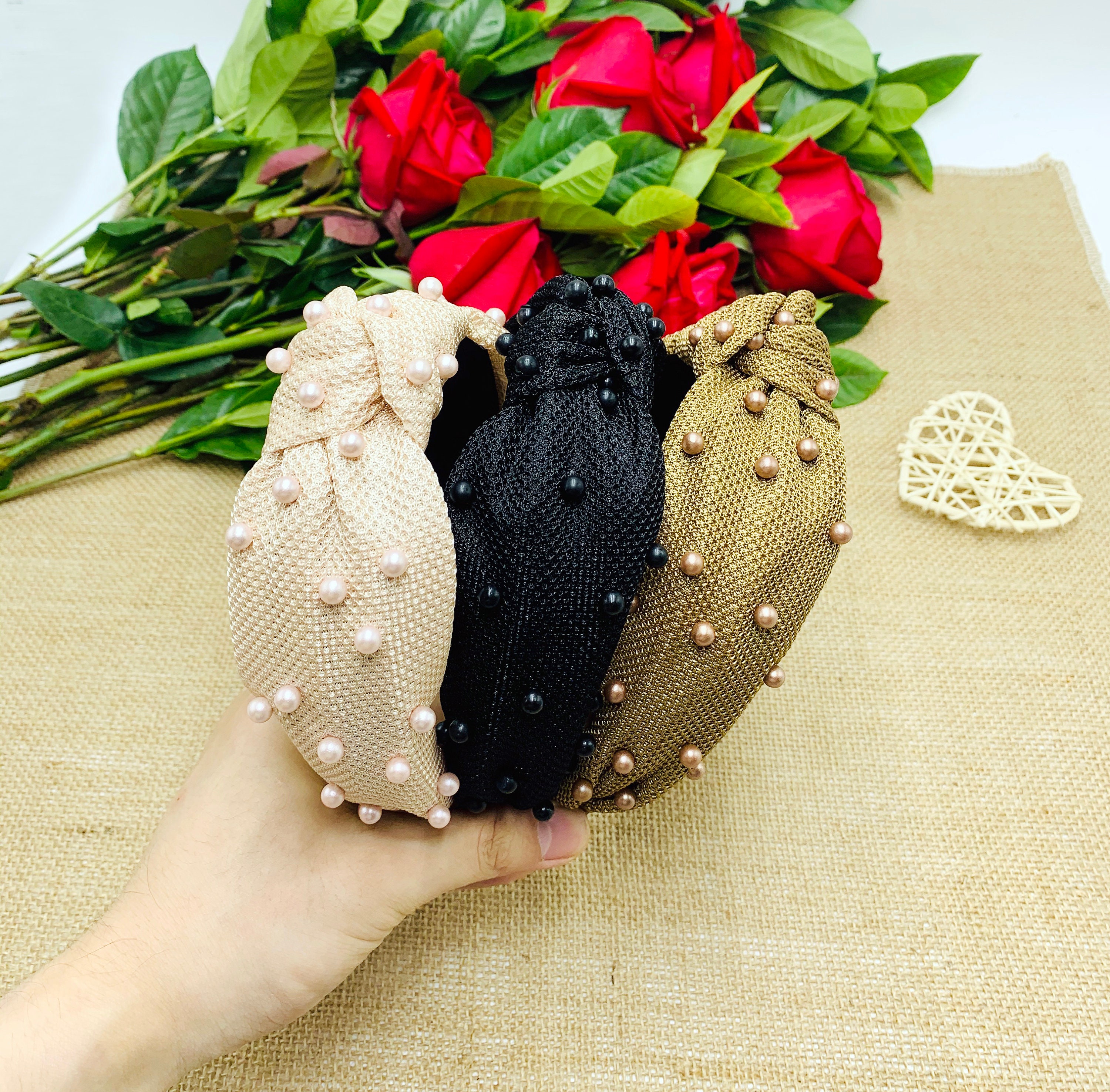 Mesh Fabric Knotted Headband With Pearls,bead Headband,boho Headband ...