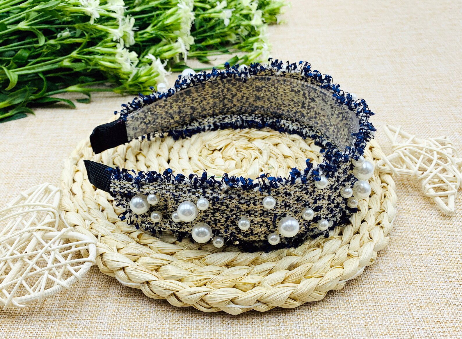 Navy blue tweed headband with pearlswide headbandstylish | Etsy