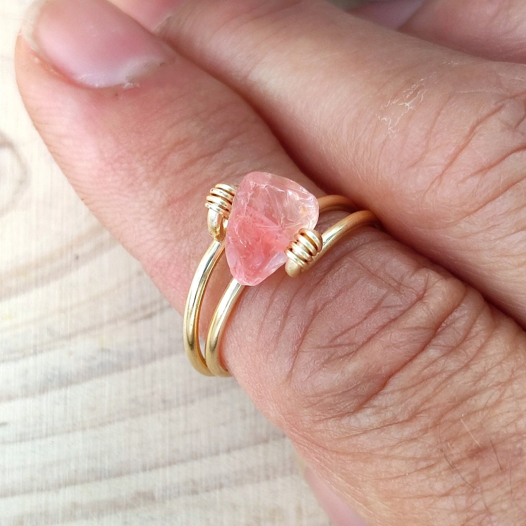Cherry Quartz Ring, Solitarie Stone Ring, Boho Style Adjustable Ring ...